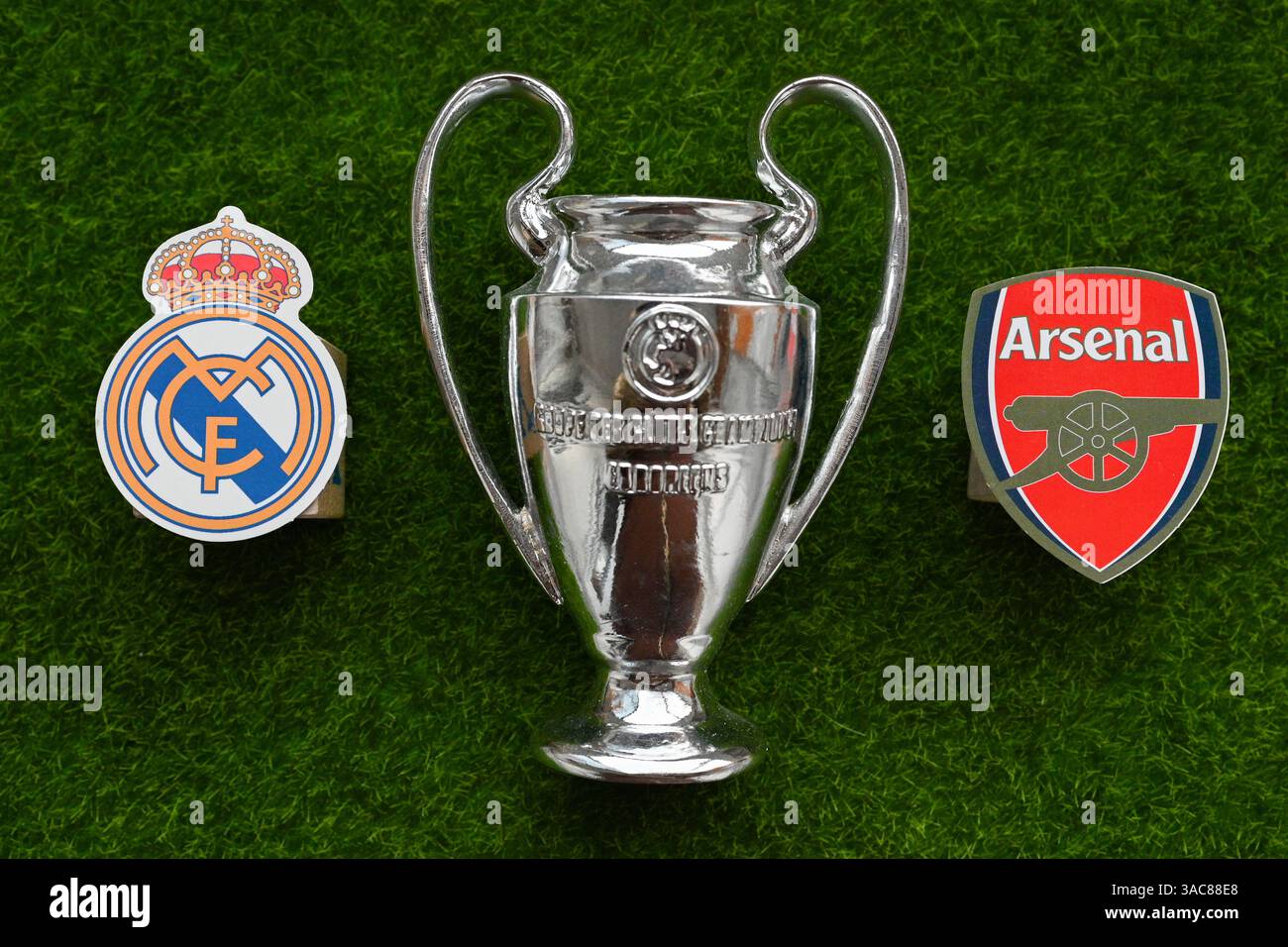 March 14, 2025, Munich, Germany. The emblems of the clubs participating ...