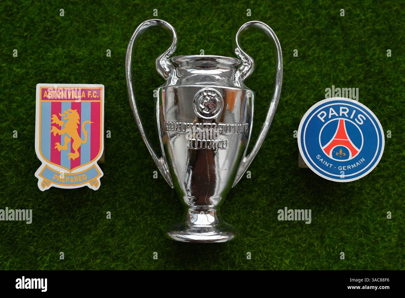 March 14, 2025, Munich, Germany. The emblems of the clubs participating ...