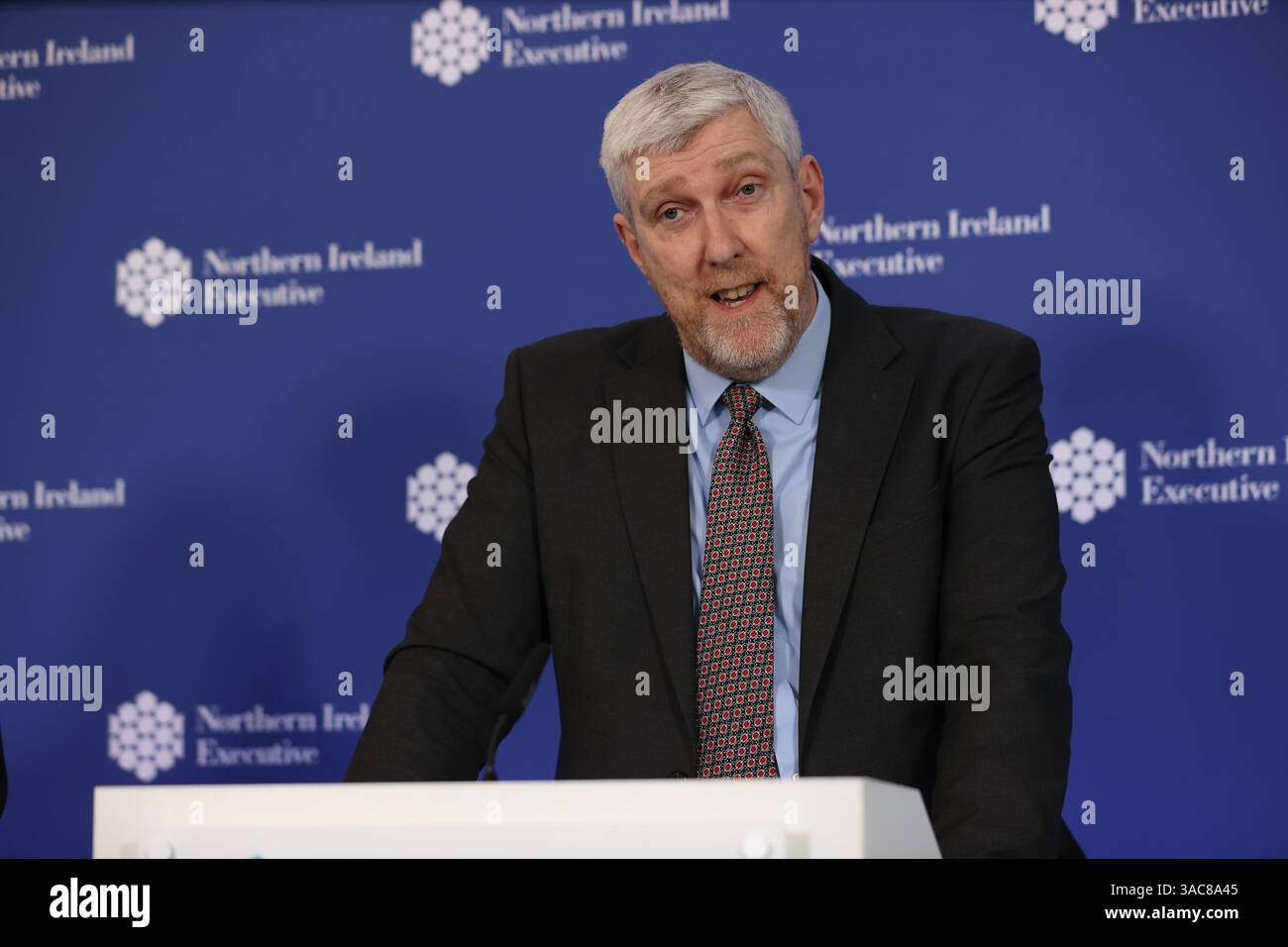 Finance Minister John O'Dowd speaking to media at Parliament Buildings ...