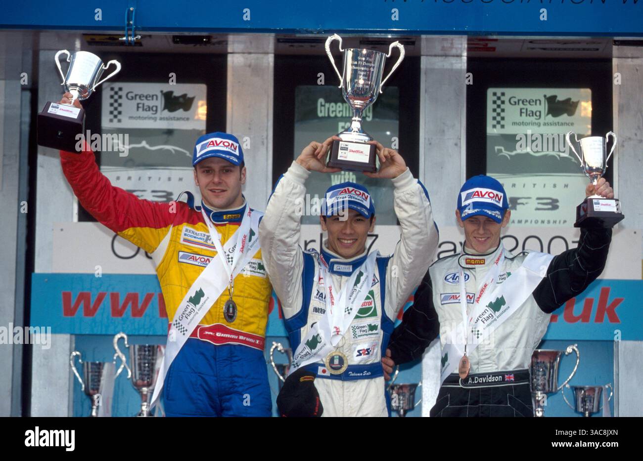 L to R): Gianmaria Bruni (ITA) Fortec, Takuma Sato (JPN) Carlin ...
