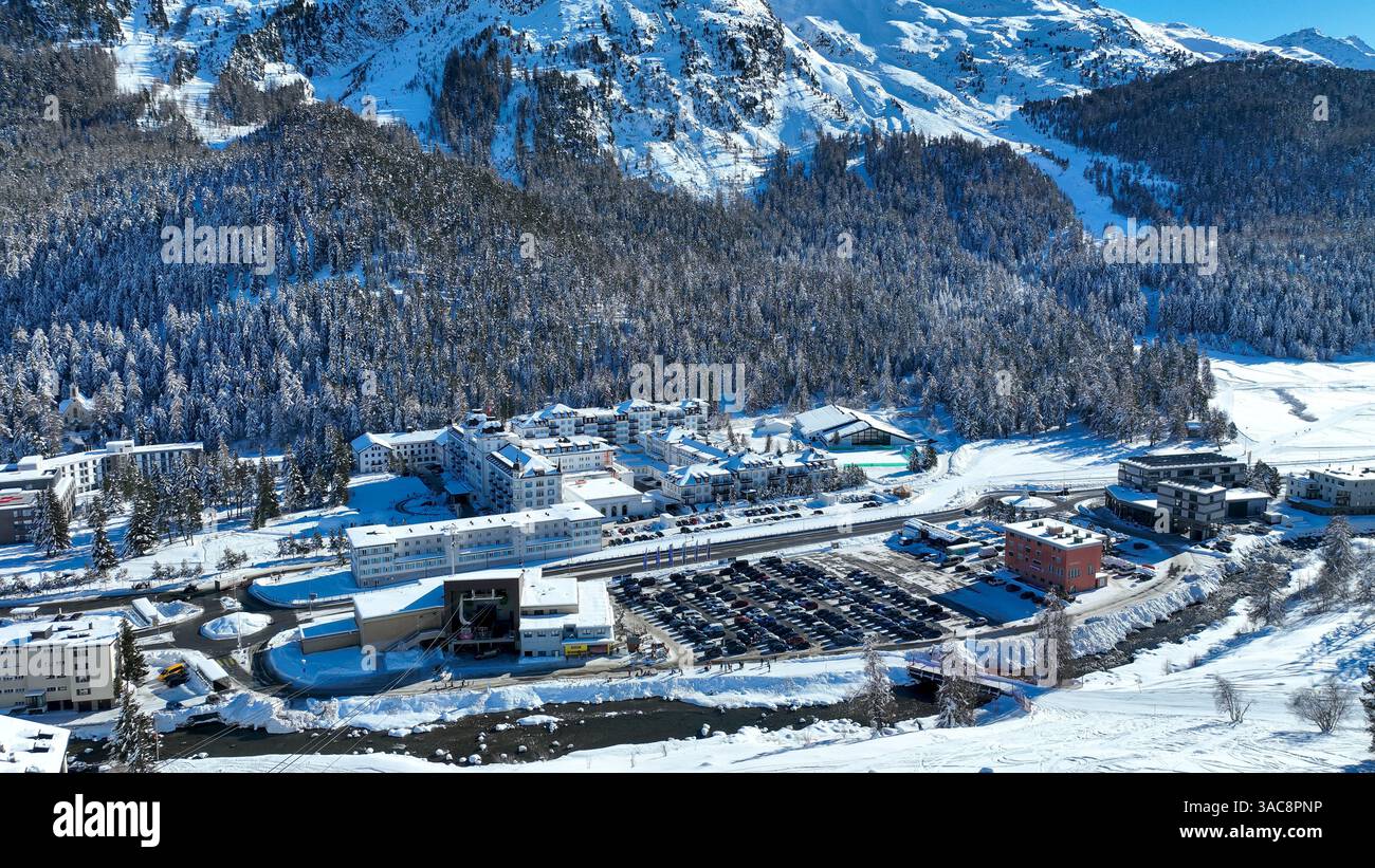 View of cable car gondola station Signalbahn in the town of St. Moritz ...