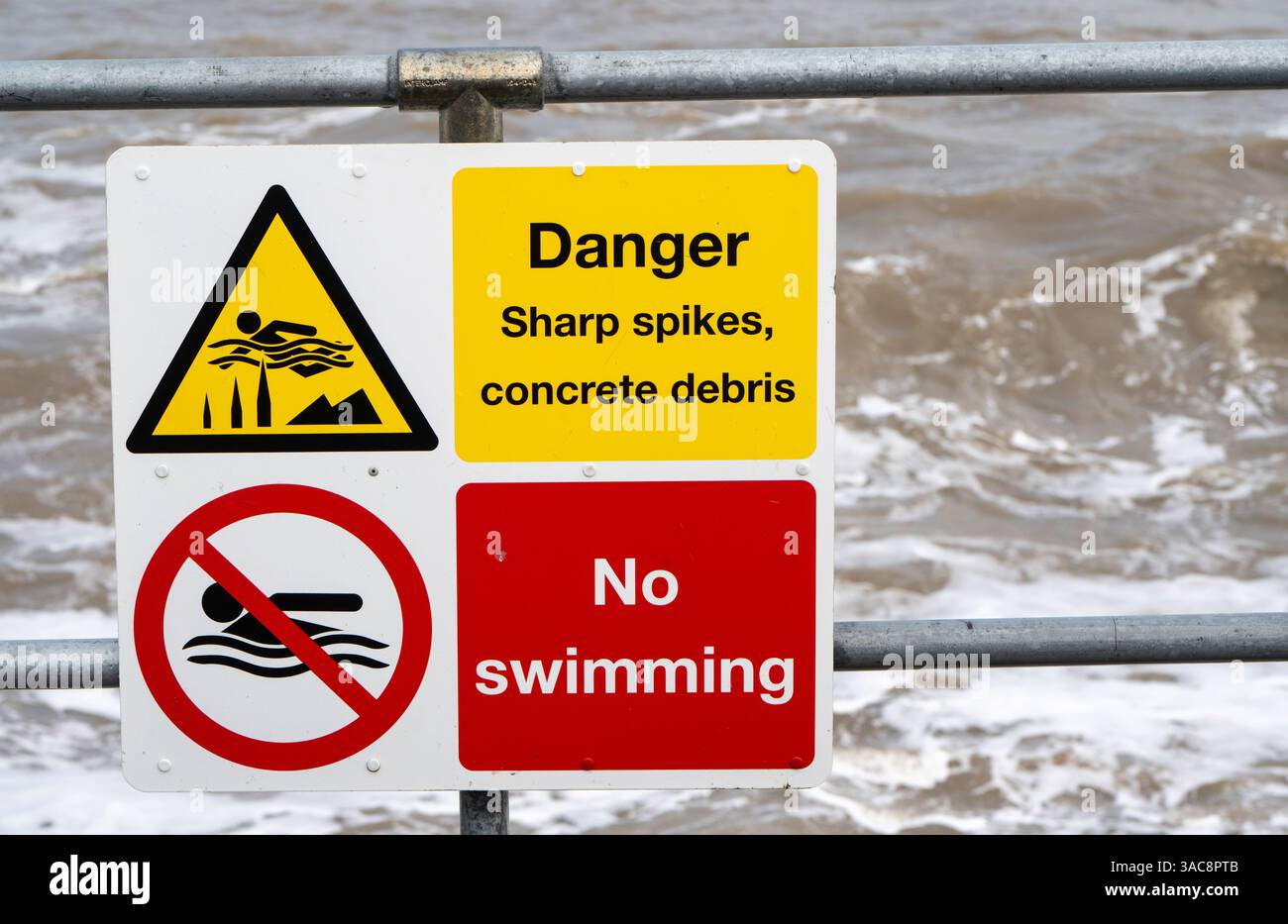 Beach safety signs on the promenade at Lowestoft, Suffolk, East Anglia ...