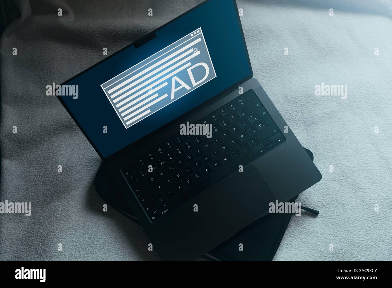 Top view of laptop with pop up AD virtual interface. Online Advertising ...