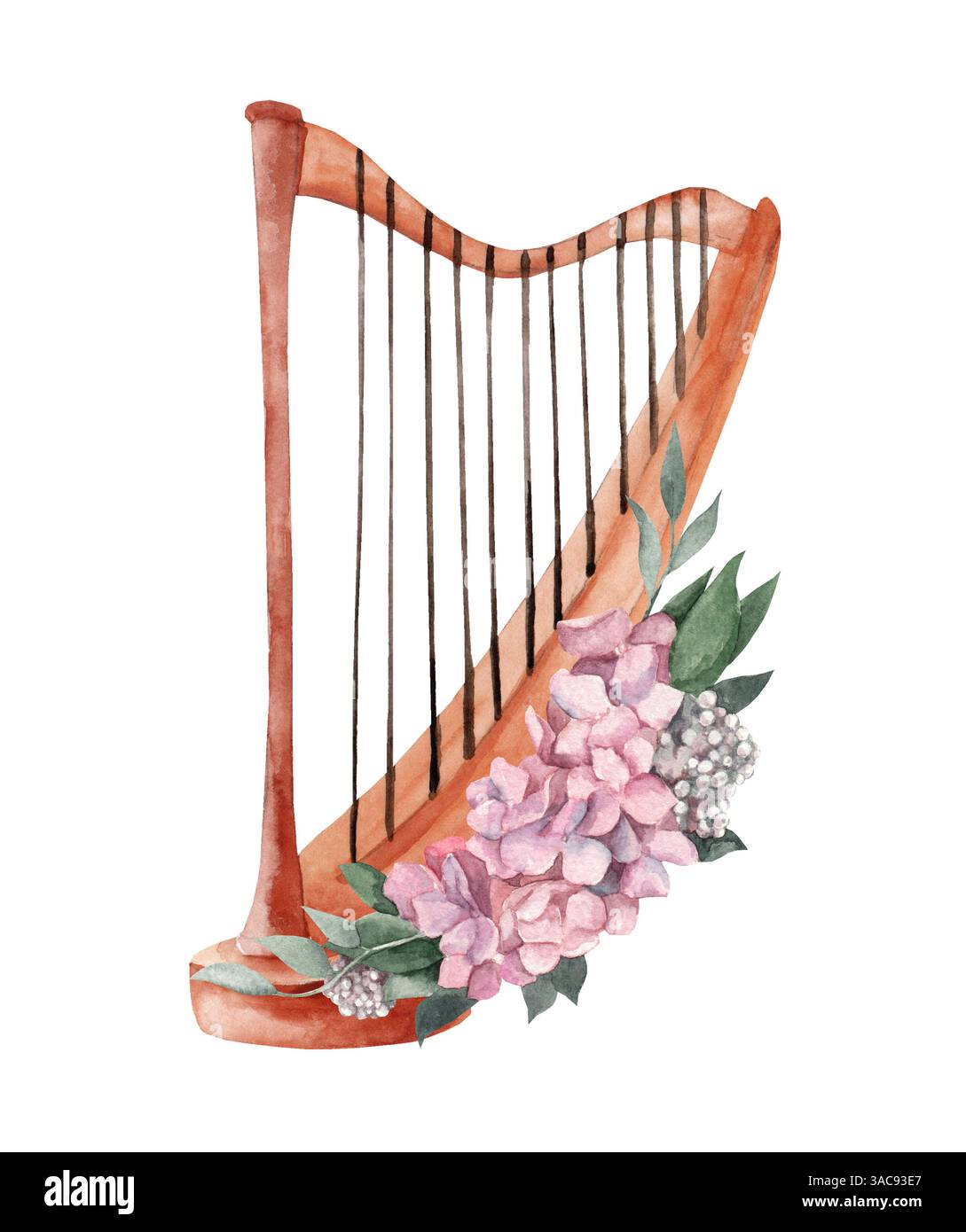 Watercolor illustration of Harp with delicate pink flowers. Musical ...