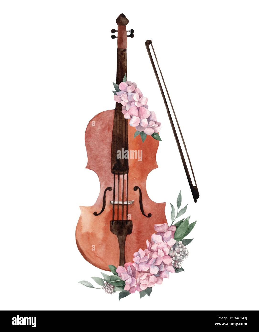Watercolor illustration of violin with delicate pink flowers. Musical ...