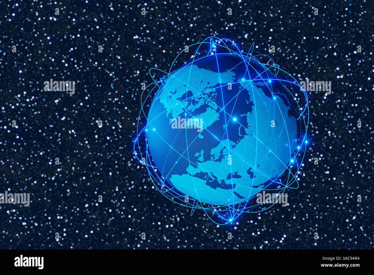 Satellites moving around the planet Earth leaving glowing orbits in ...