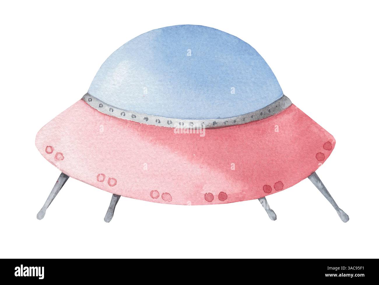Hand painted UFO ship in red and blue tones isolated on a white ...