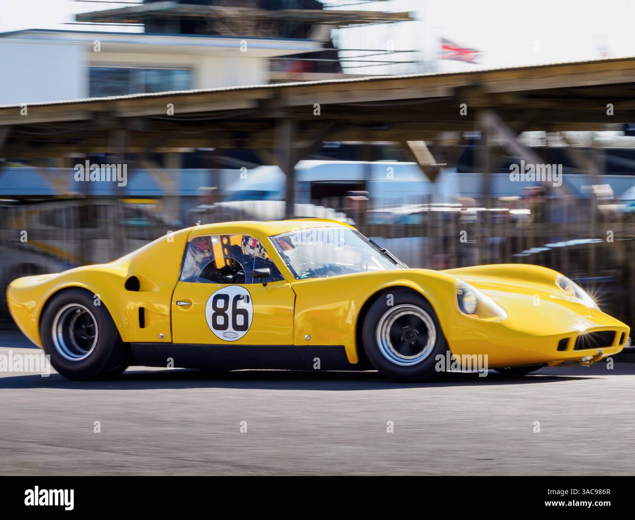 Yellow Chevron B8 motor racing car, 82 Members Meeting testing ...