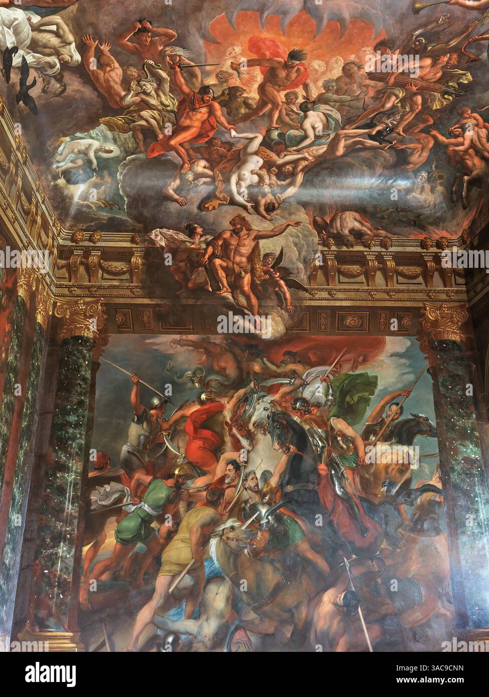 Ceiling and wall painting above the hell staircase at Burghley House ...