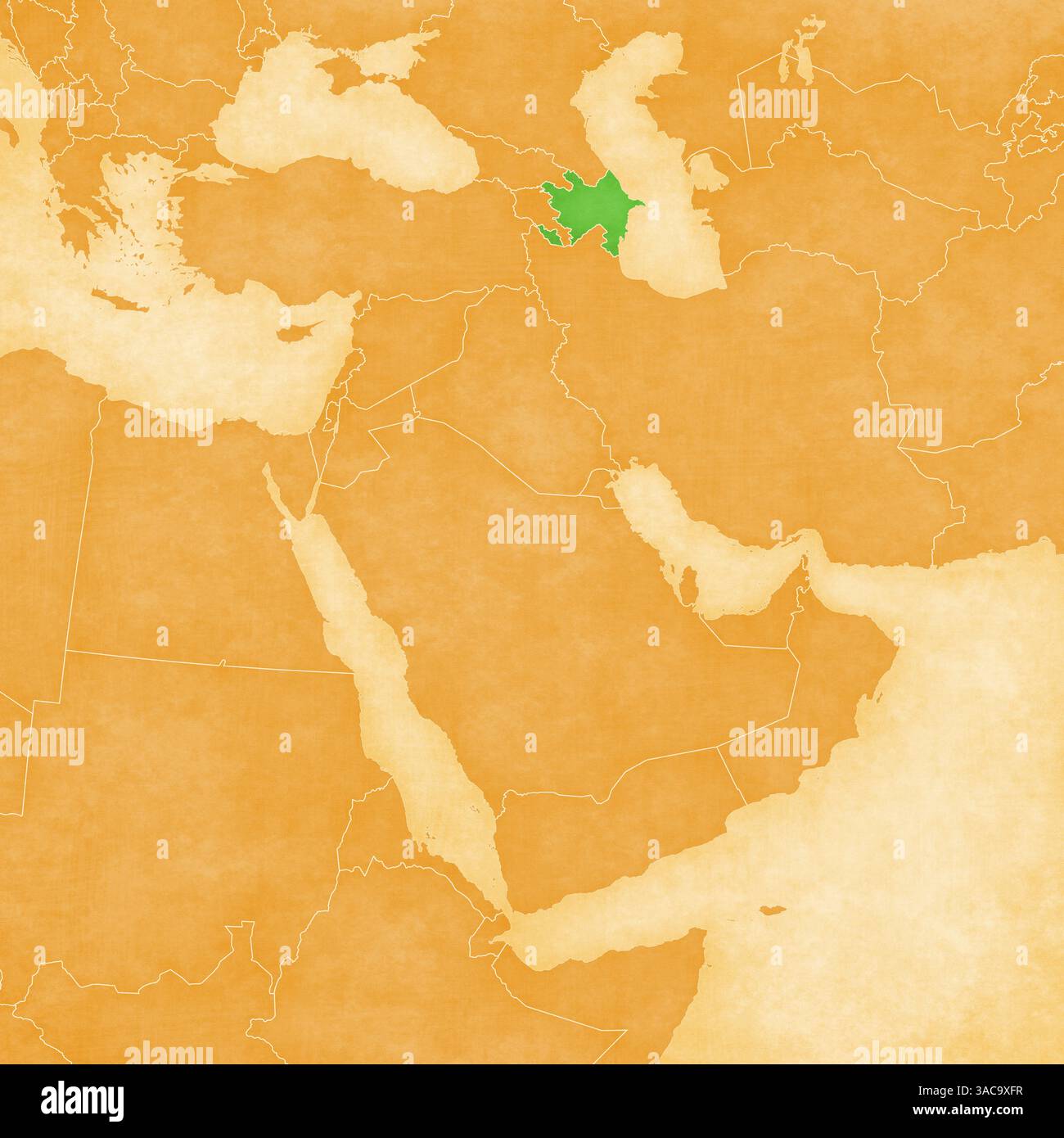 Azerbaijan on an ocher retro map of Middle East (Western Asia) on old ...