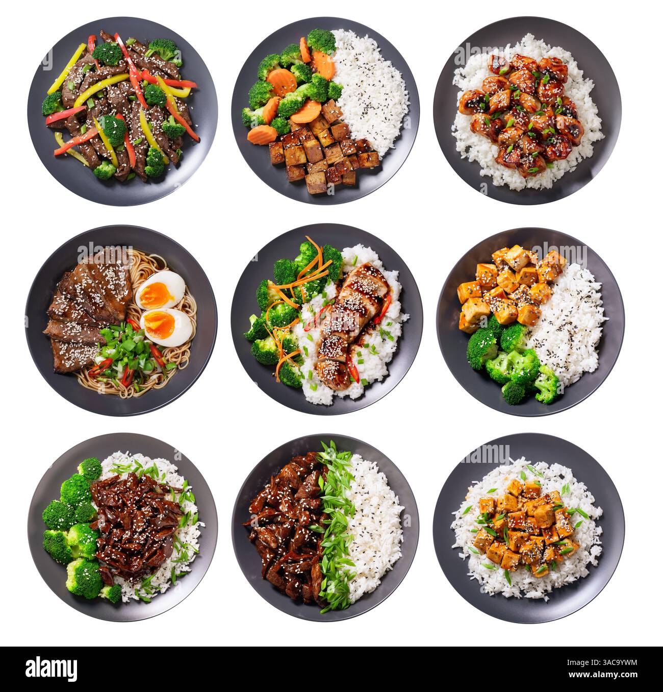Set of plates of asian meals on white background, top view Stock Photo ...