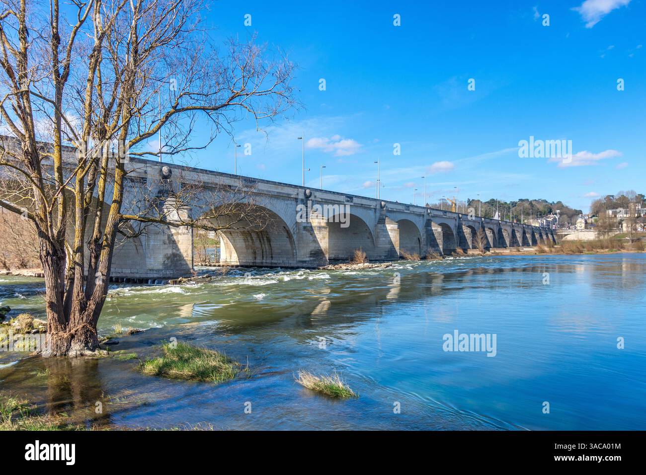 The Pont Wilson tram and pedestrian bridge from the south bank of the river Loire - Tours, Indre ...