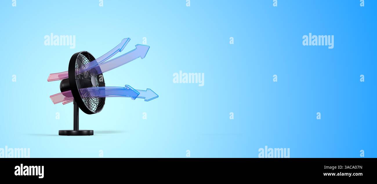 a working fan with rotating propeller and airflow represented by arrows ...