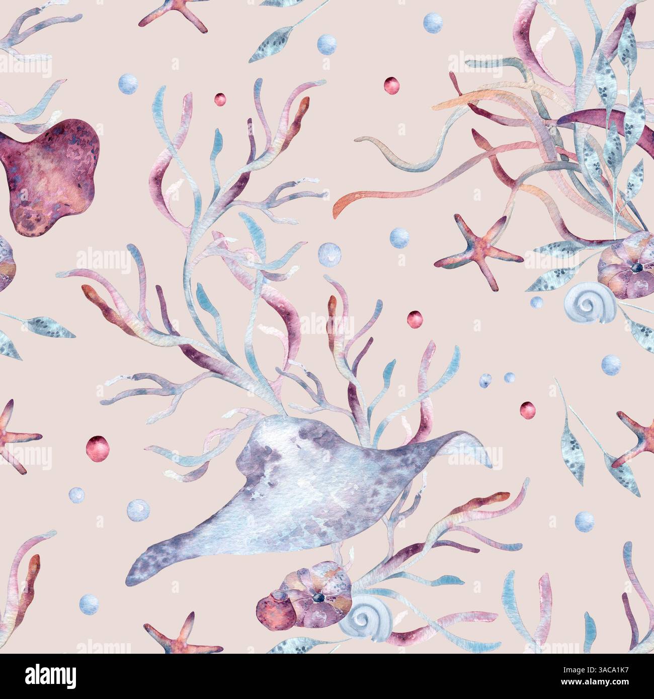 Pastel underwater seamless texture with marine creatures, seaweed ...