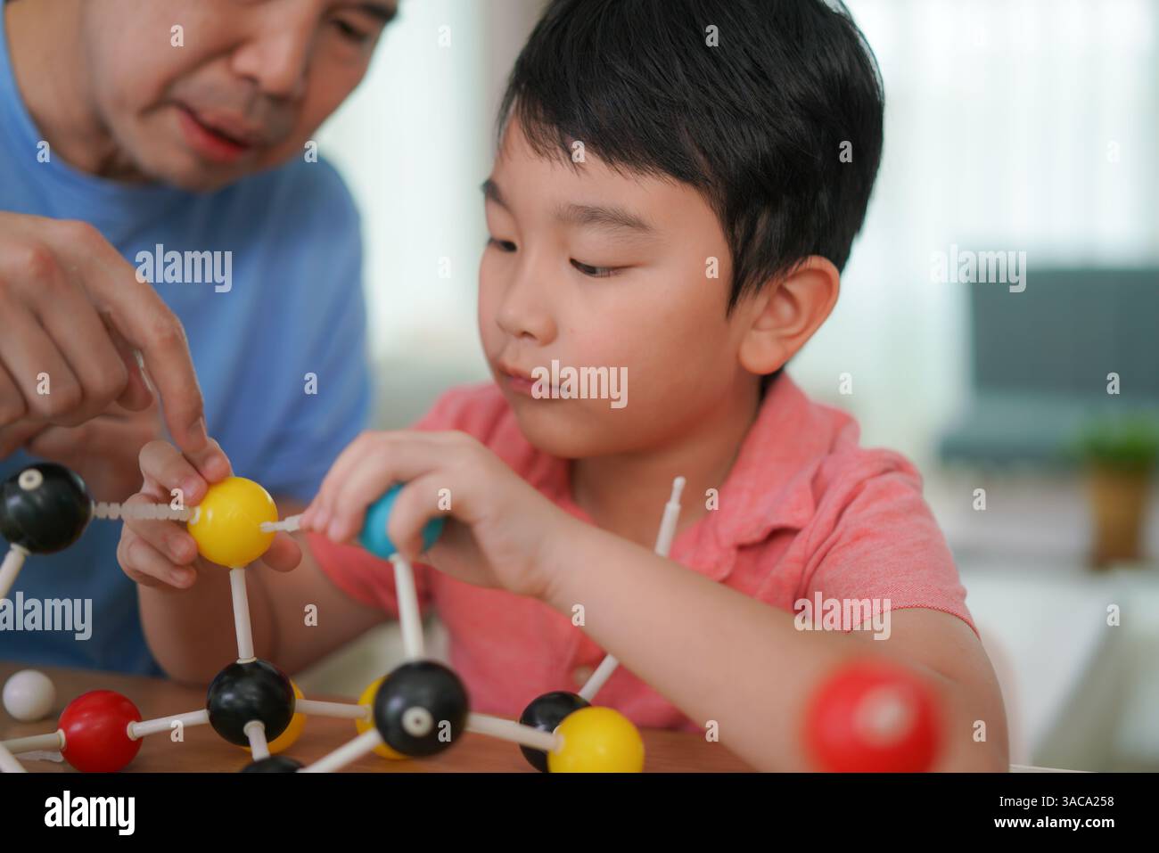 A father and son connecting colored balls to create a playful model ...
