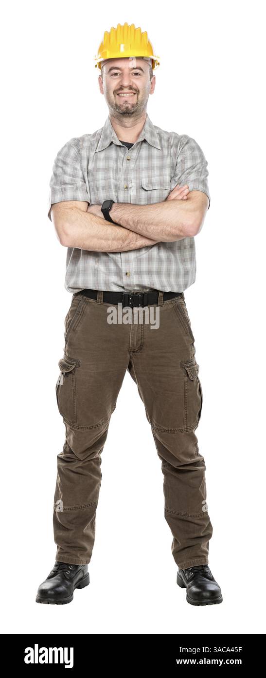 Smiling construction worker crossing arms on transparent background ...