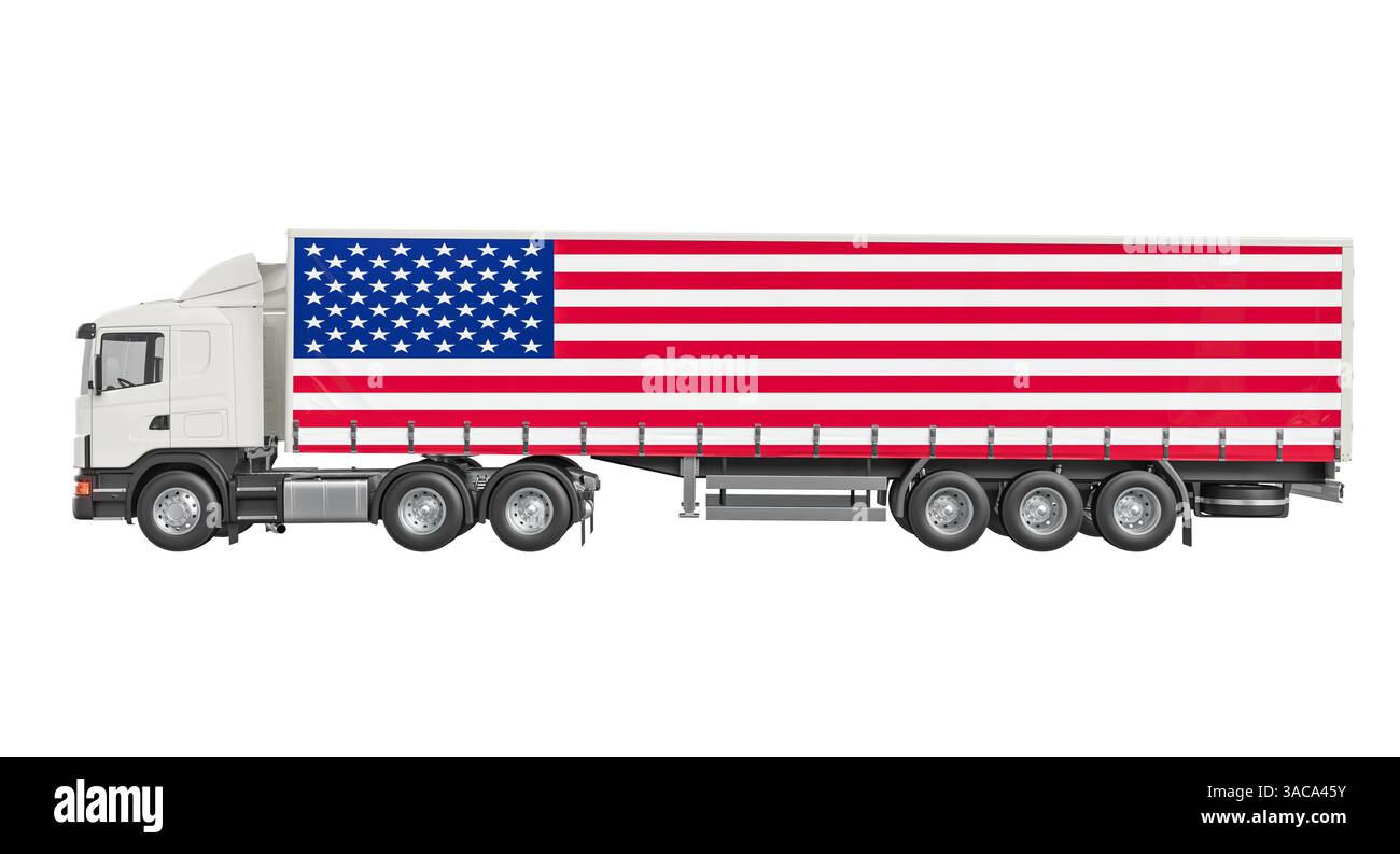 White semi truck trailer with united states flag wrap on transparent ...