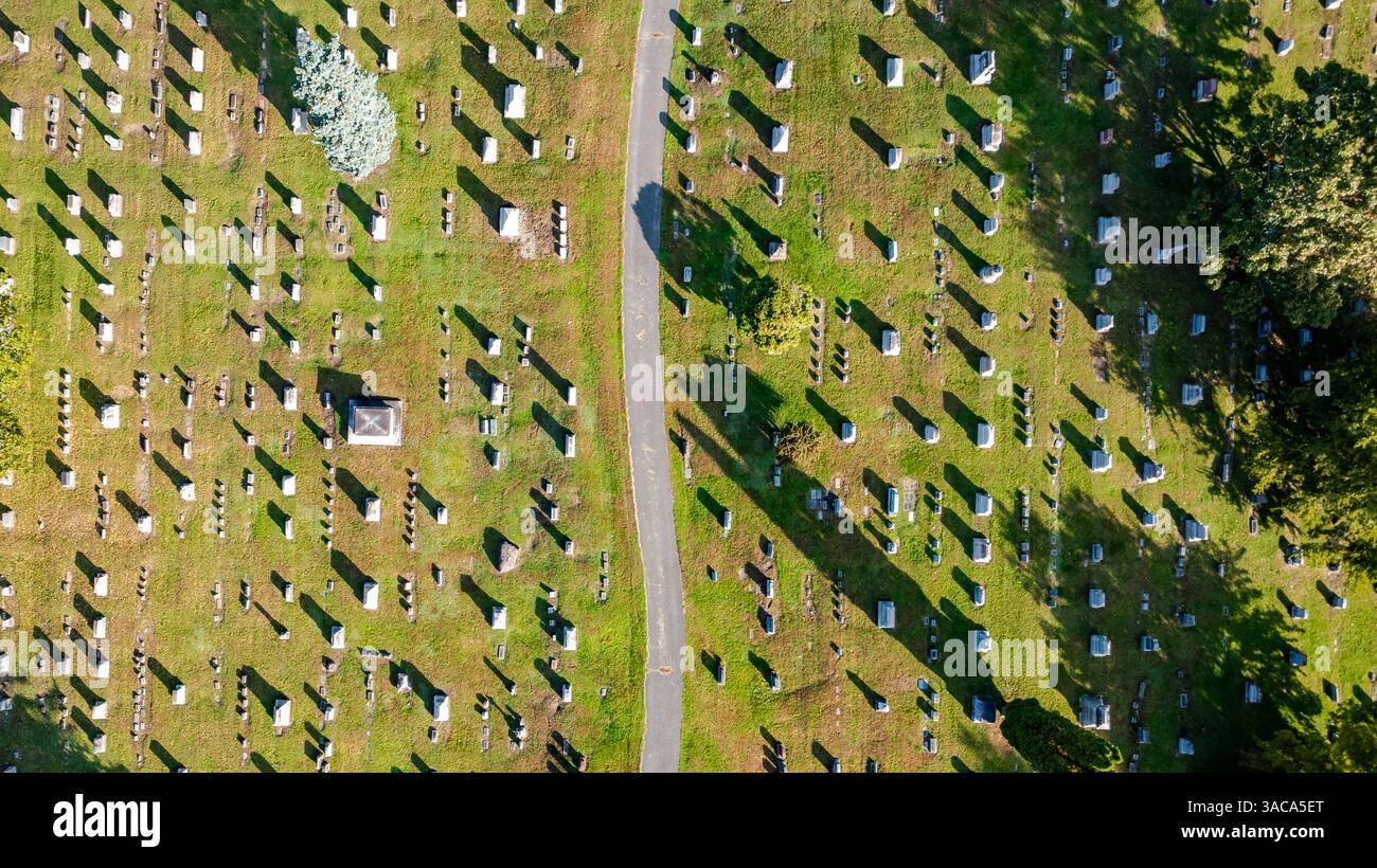 Aerial image looking straight down at a traditional cemetery, graveyard ...