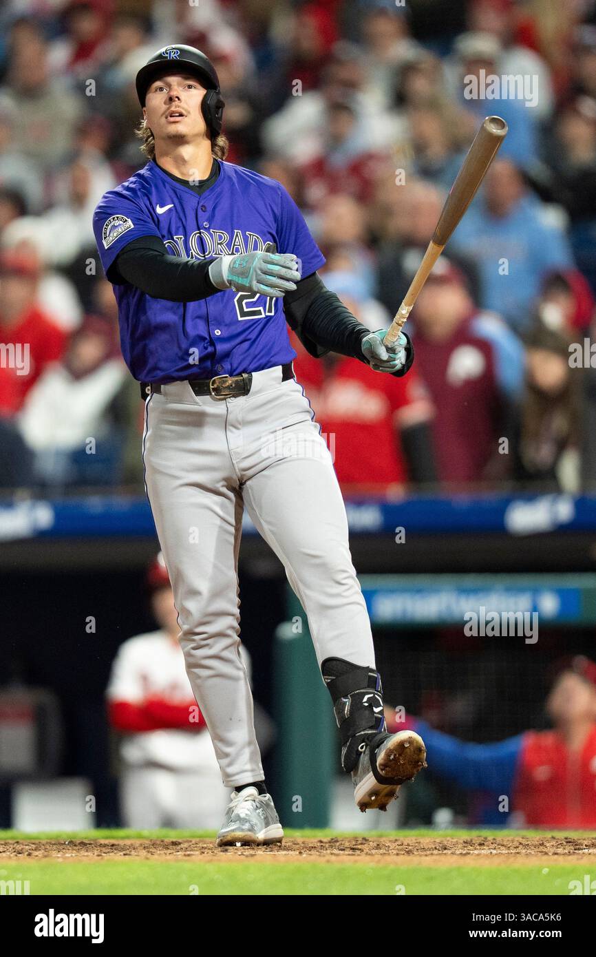 Colorado Rockies' Jordan Beck reacts during the baseball game against ...