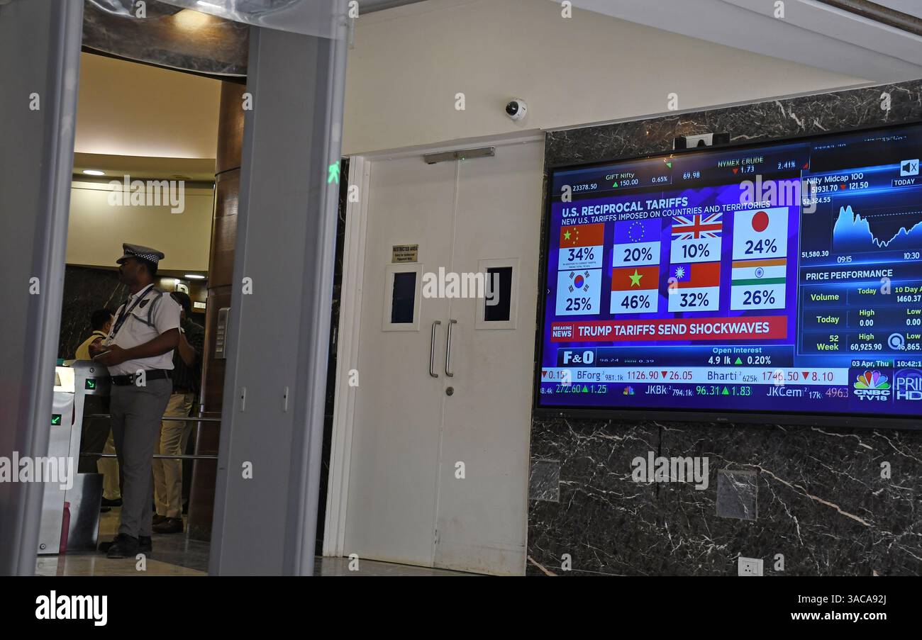 Mumbai, India. 03rd Apr, 2025. LED screen displays tariff news imposed ...