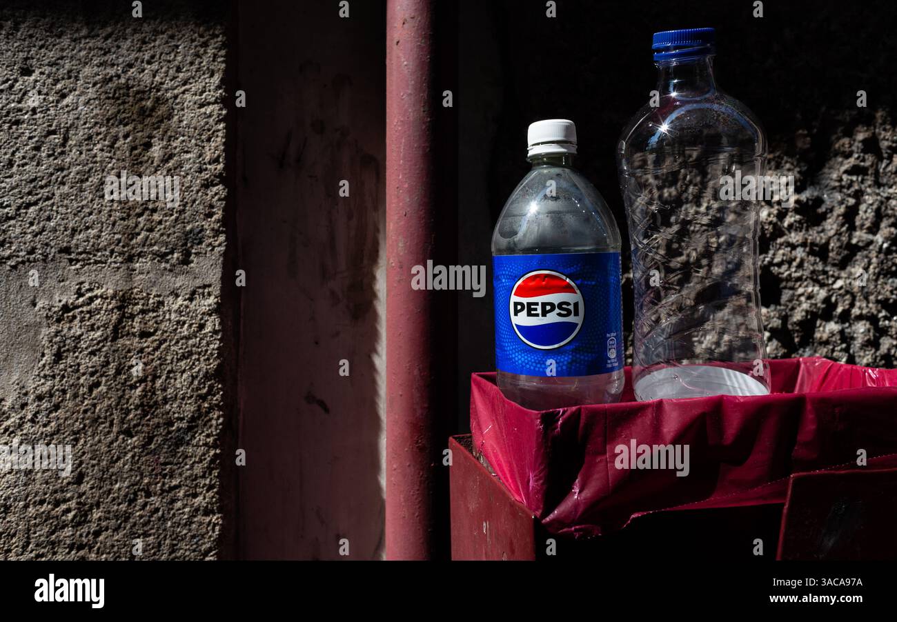 26 March 2025, empty plastic bottle of PEPSI in the trash of a city ...