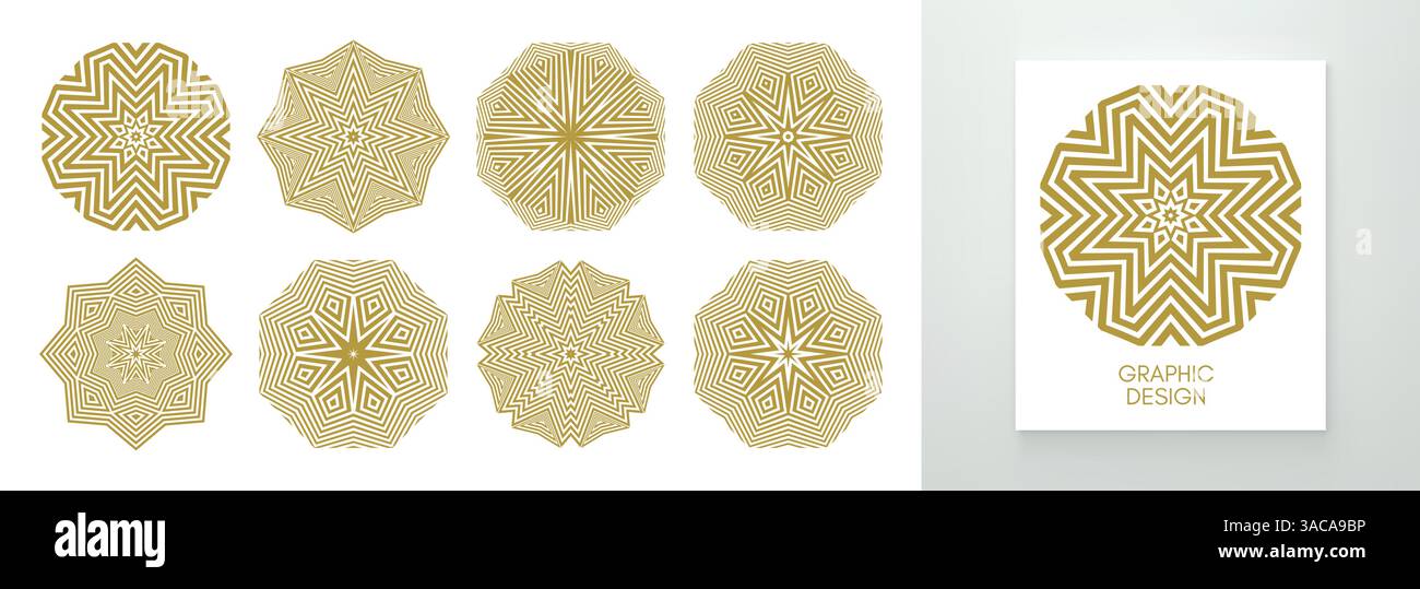 Set of striped minimalist shapes with optical illusion effect. Emblems ...