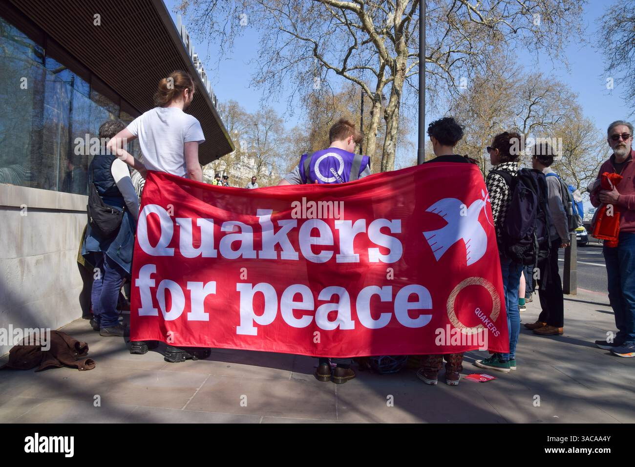 London, England, UK. 3rd Apr, 2025. Quakers and other protesters stage ...