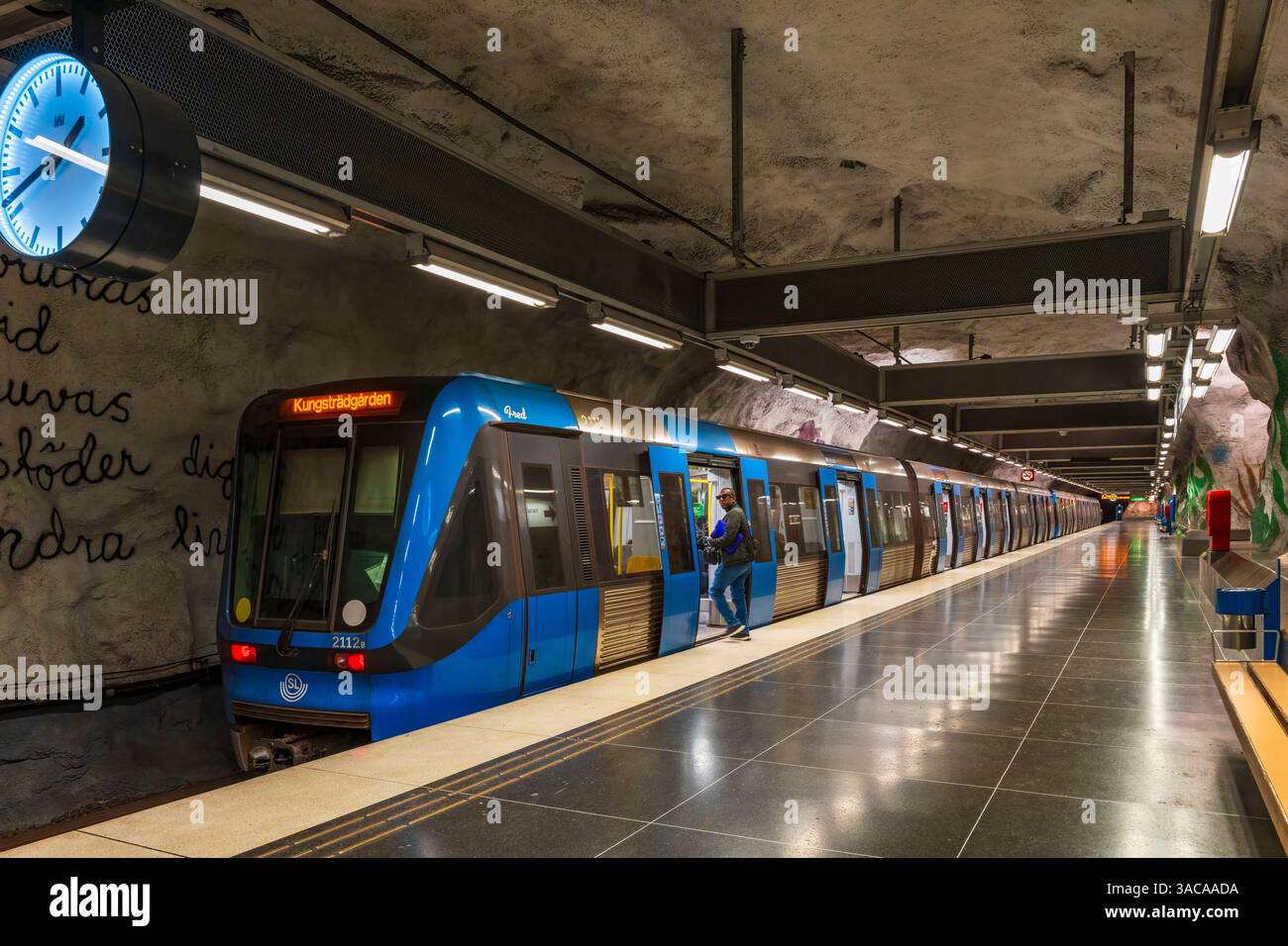 STOCKHOLM, SWEDEN - MARCH 09, 2025: A metro train pulls into a station ...