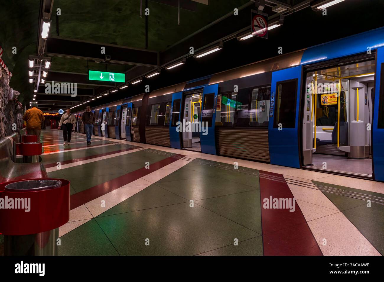STOCKHOLM, SWEDEN - MARCH 09, 2025: A metro train pulls into a station ...