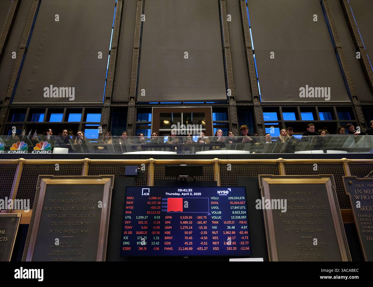 New York, United States. 03rd Apr, 2025. A board at the NYSE shows the ...