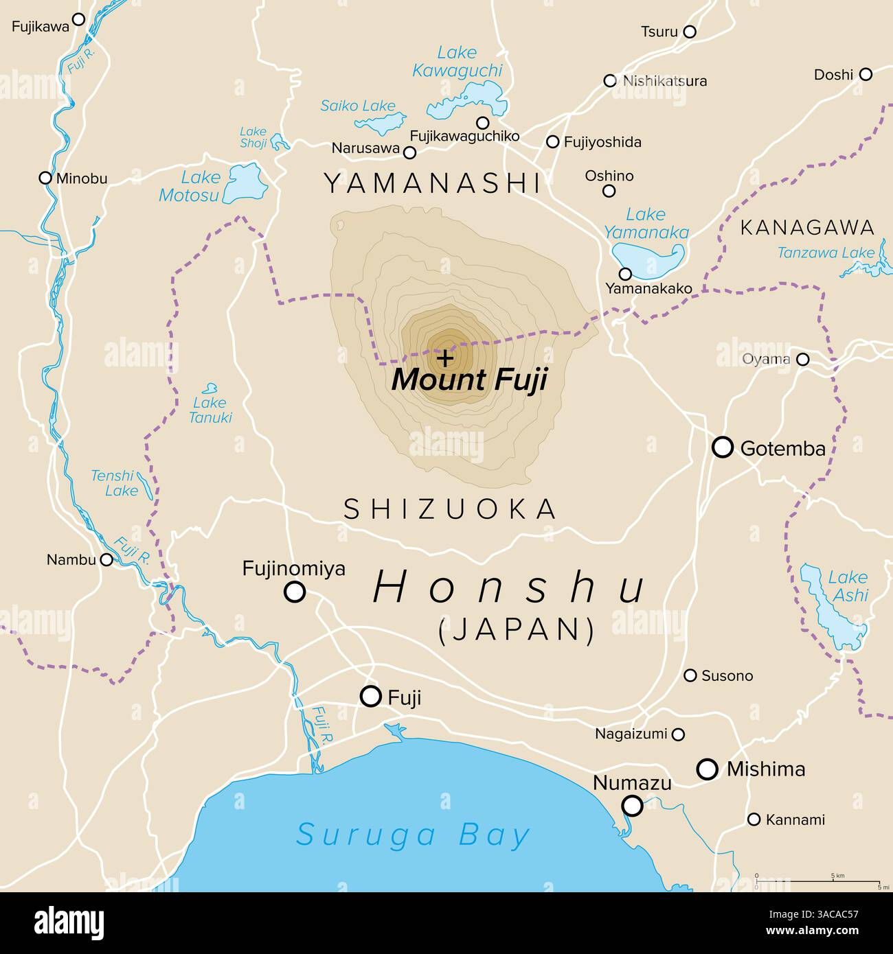 Mount Fuji and vicinity, political map. Fujisan, highest mountain in ...
