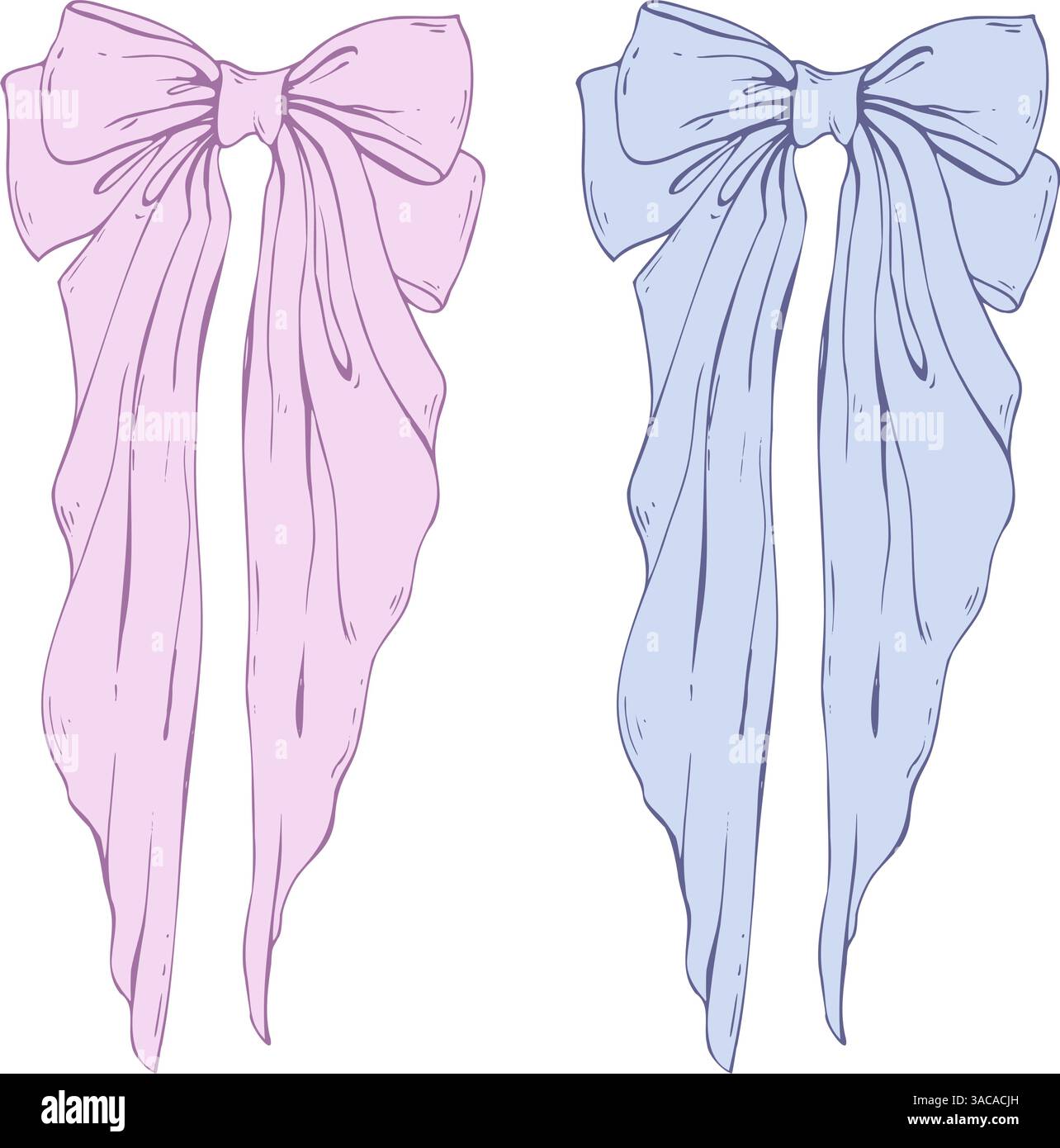 Satin fabric bow, wide, multi-layered with long ribbons. Graphic sketch ...