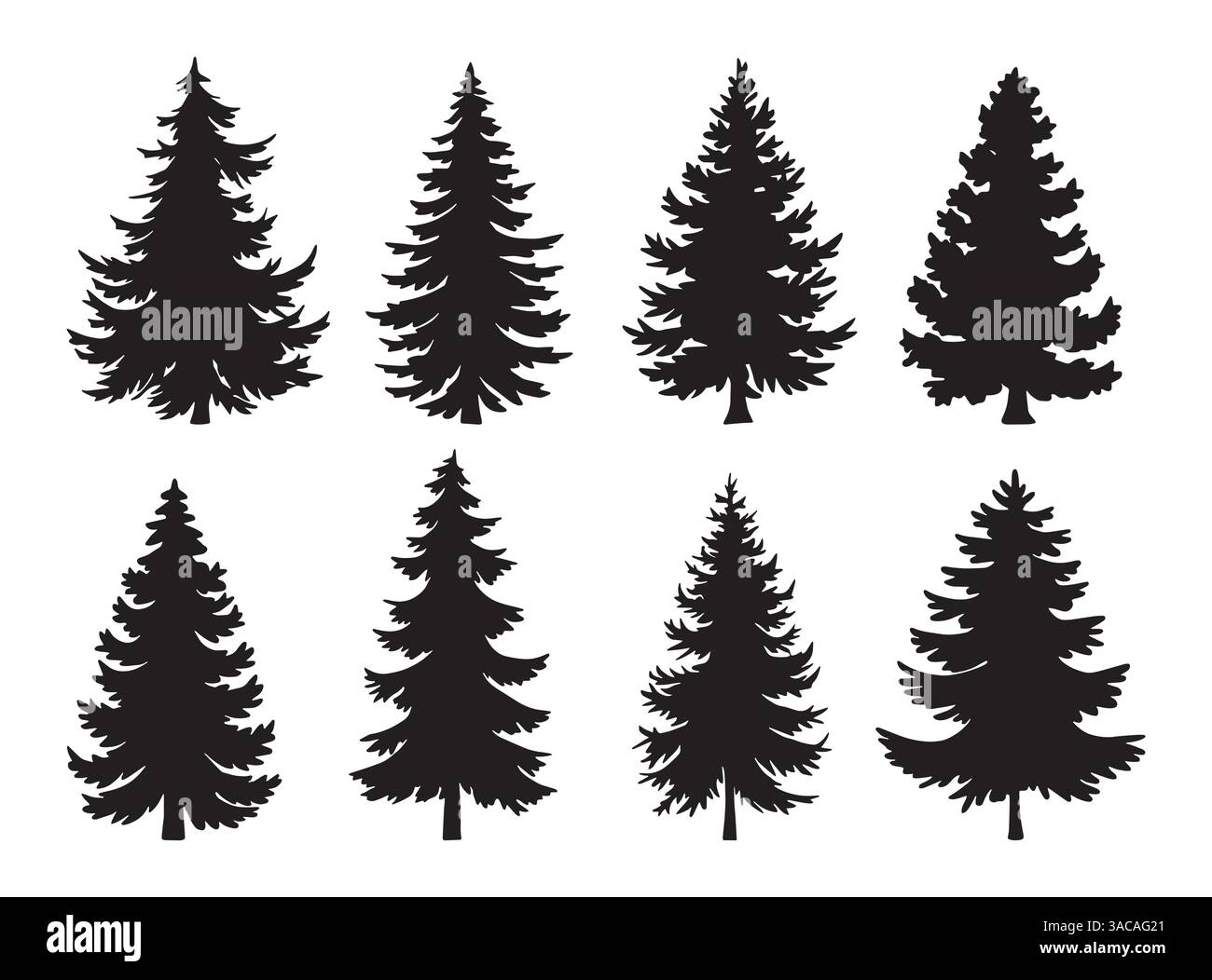 Set of black pine tree silhouettes in different sizes and shapes on a ...