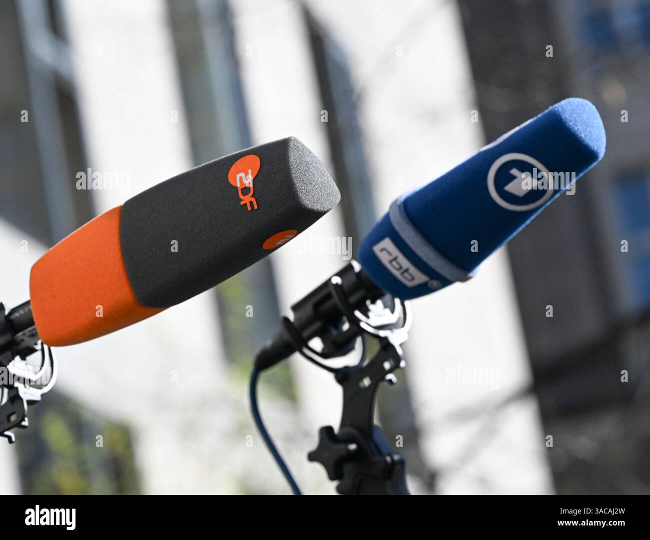 Berlin, Germany. 03rd Apr, 2025. Microphones from broadcasters ARD and ...