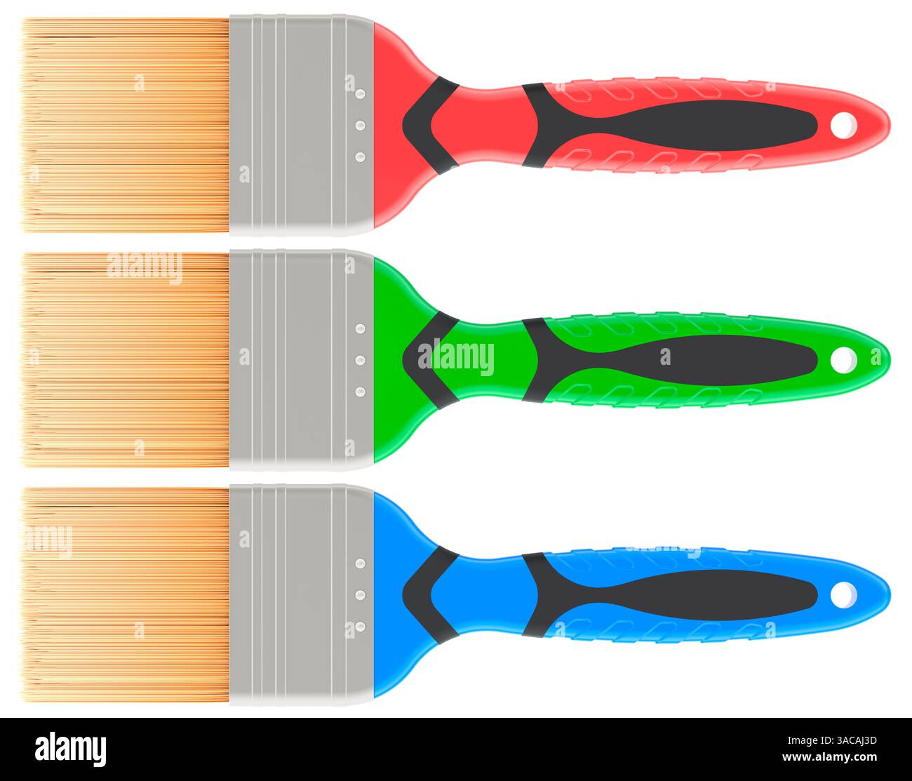 Colored Paint Brushes with plastic handles, row. 3D rendering isolated ...