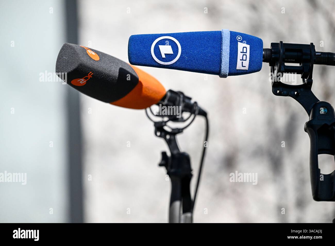 Berlin, Germany. 03rd Apr, 2025. Microphones from broadcasters ARD and ...