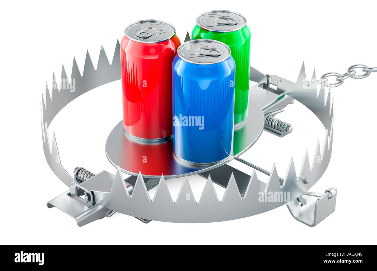 Colored metallic drink cans in bear trap. Sugar, caffeine or alcohol ...