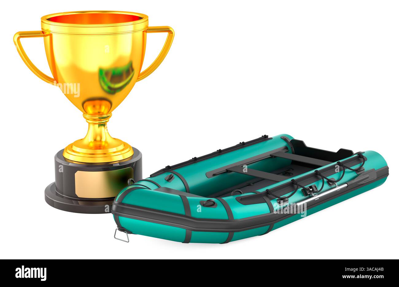 Inflatable lightweight boat with gold trophy cup award, 3D rendering ...