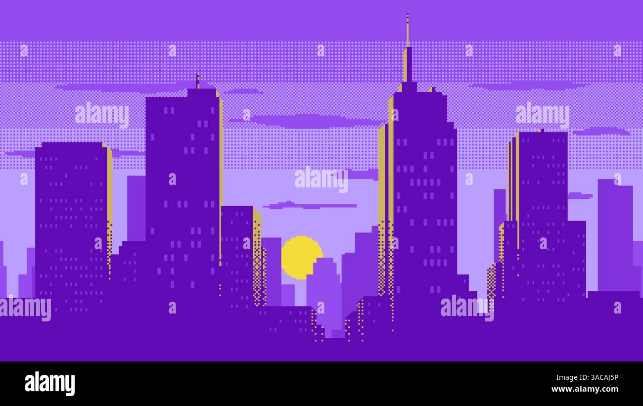 Sunset or sunrise over a modern city pixel art. Sunlight illuminates ...