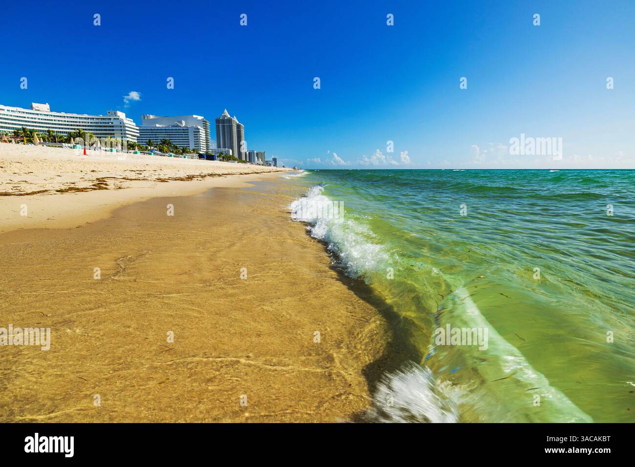Clear emerald wave rolls onto sandy shore of Miami Beach with Atlantic ...