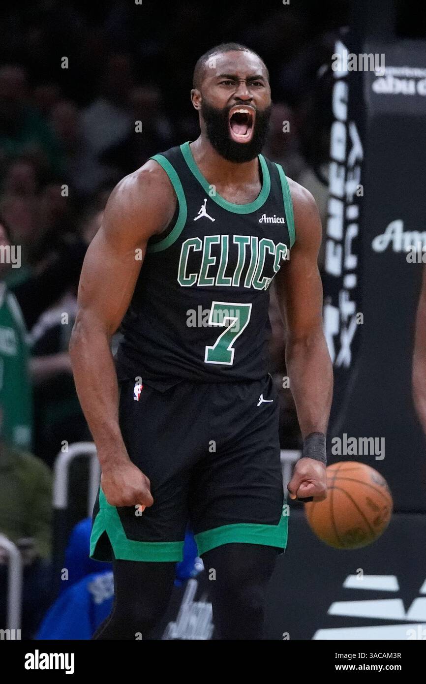 Boston Celtics guard Jaylen Brown (7) celebrates during an NBA ...
