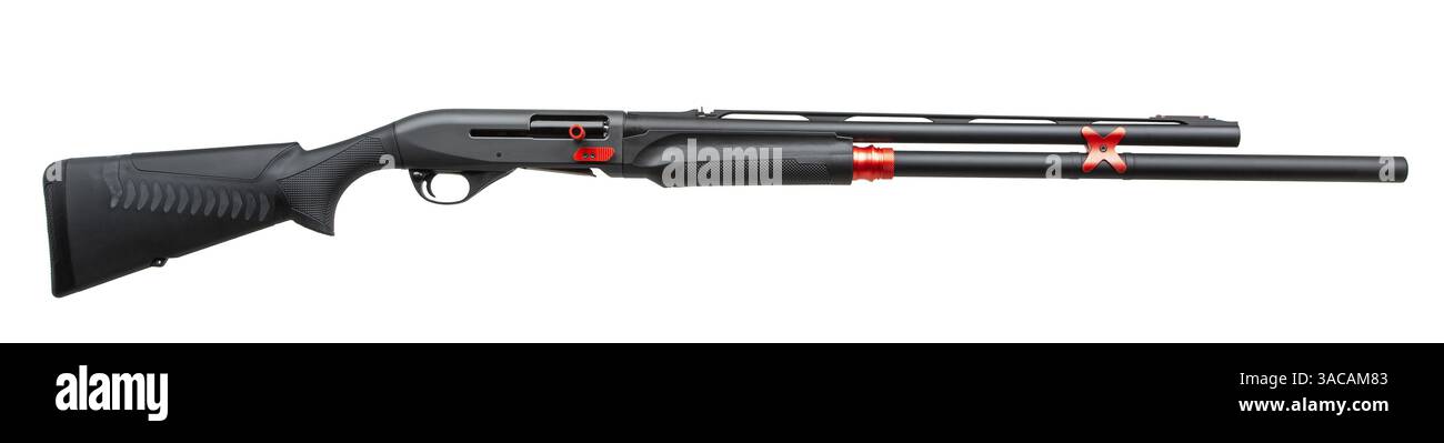 Black shotgun displayed on a white background, showcasing its sleek ...