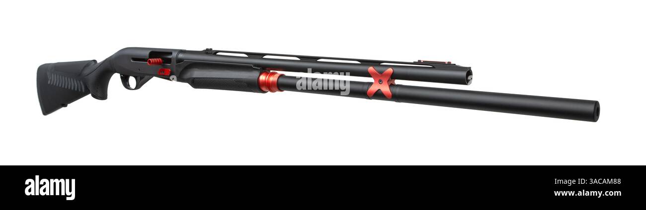 Black shotgun displayed on a white background, showcasing its sleek ...