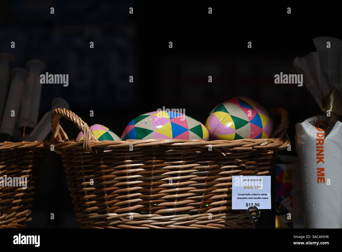 New York, USA. 02nd Apr, 2025. Easter themed tin eggs on display at a ...