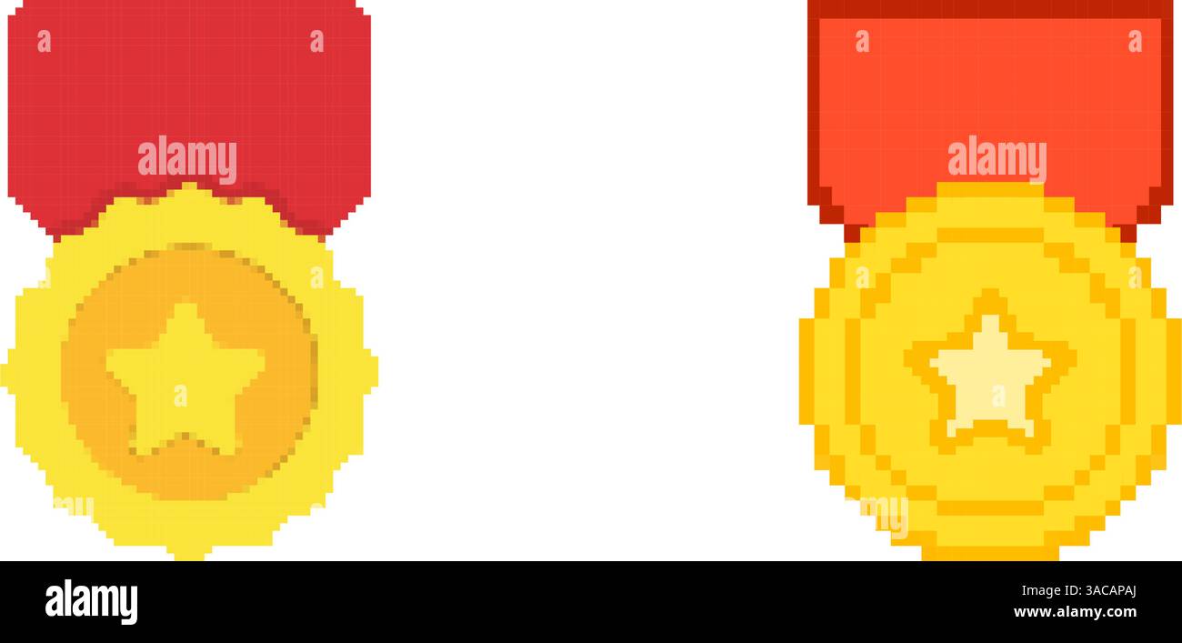Gold Medal With Star Pixelated Icon Set. Pixel Art Symbol Collection Of Award Medals With Red ...