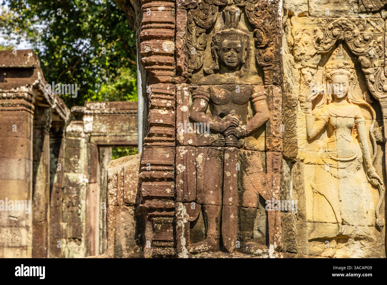 Ancient hindu Banteay Kdei khmer ruined temple columns decorated with ...