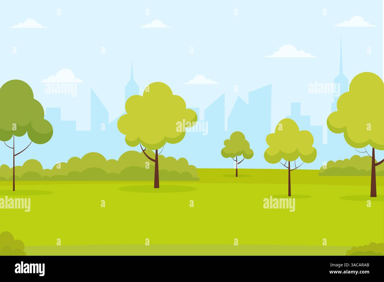 Expansive green park featuring several trees, with a city skyline ...