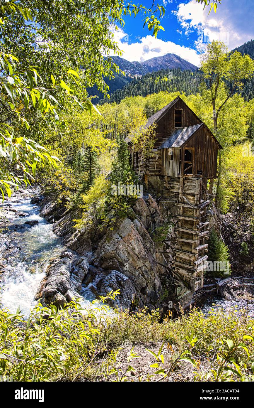 crystal mill river waterfall aspens blue sky clouds fast moving water ...