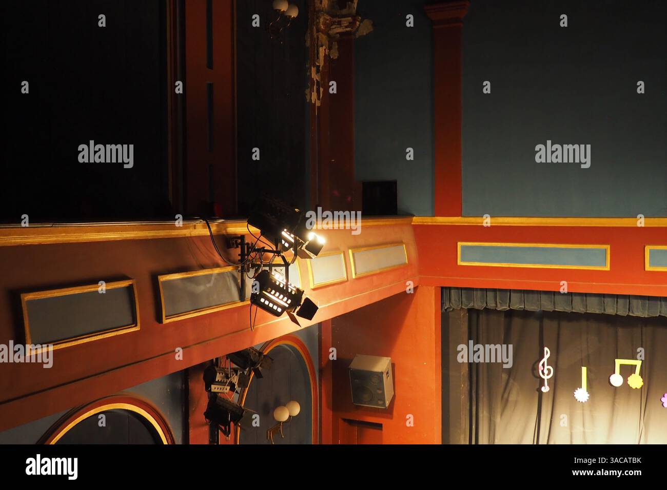 The spotlight shines on the stage in the theater. Lighting in theater ...