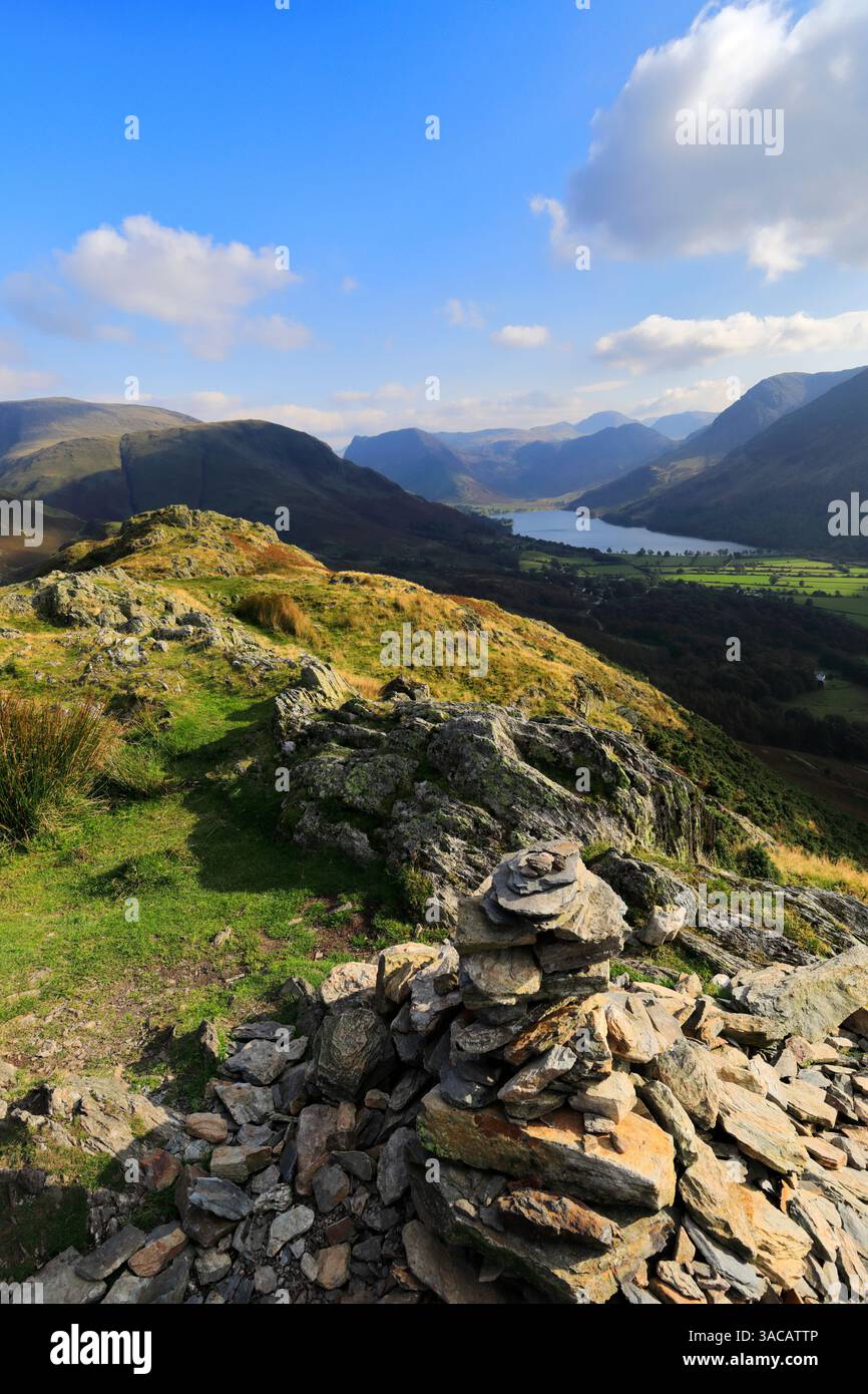 View of the summit cairn of Rannerdale Knotts fell above Crummock Water ...